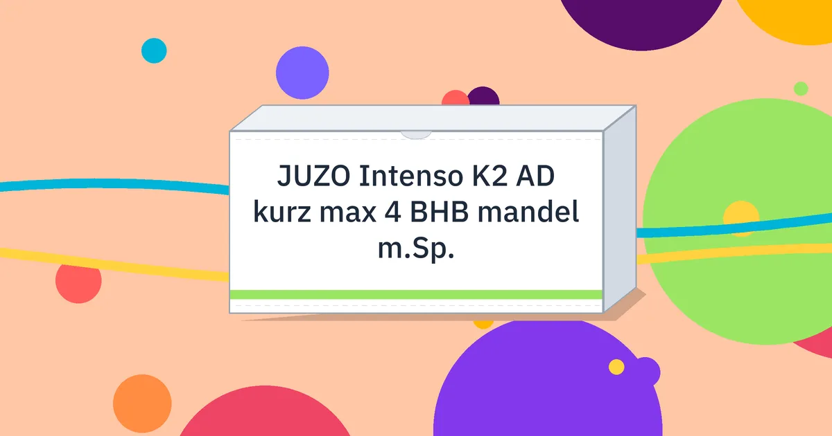 Symbolbild: Packung mit der Aufschrift JUZO Intenso K2 AD kurz max 4 BHB mandel m.Sp. (PZN 18615825) – Verfügbarkeit und Bezug in Apotheken in Frankfurt am Main