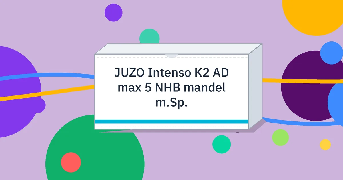 Symbolbild: Packung mit der Aufschrift JUZO Intenso K2 AD max 5 NHB mandel m.Sp. (PZN 18612910) – Verfügbarkeit und Bezug in Apotheken in Frankfurt am Main
