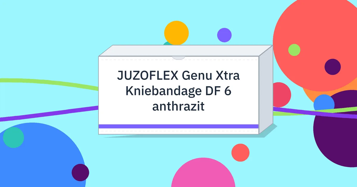 Symbolbild: Packung mit der Aufschrift JUZOFLEX Genu Xtra Kniebandage DF 6 anthrazit (PZN 16497698) – Verfügbarkeit und Bezug in Apotheken in Frankfurt am Main