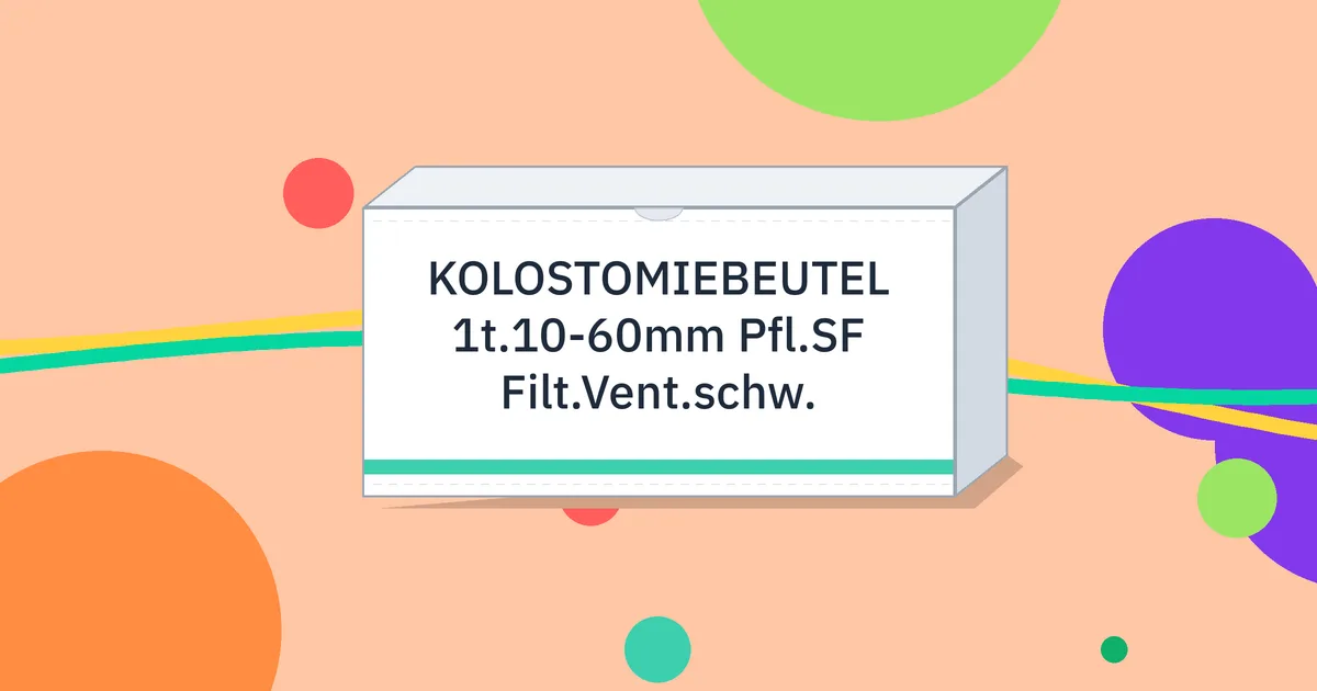 Symbolbild: Packung mit der Aufschrift KOLOSTOMIEBEUTEL 1t.10-60mm Pfl.SF Filt.Vent.schw. (PZN 18423959) – Verfügbarkeit und Bezug in Apotheken in Frankfurt am Main