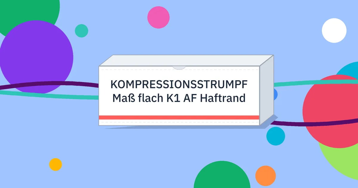 Symbolbild: Packung mit der Aufschrift KOMPRESSIONSSTRUMPF Maß flach K1 AF Haftrand (PZN 16745156) – Verfügbarkeit und Bezug in Apotheken in Frankfurt am Main