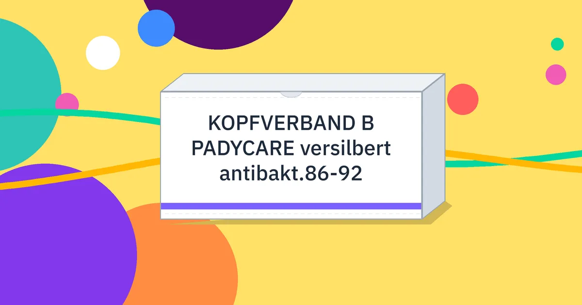 Symbolbild: Packung mit der Aufschrift KOPFVERBAND B PADYCARE versilbert antibakt.86-92 (PZN 10938374) – Verfügbarkeit und Bezug in Apotheken in Frankfurt am Main