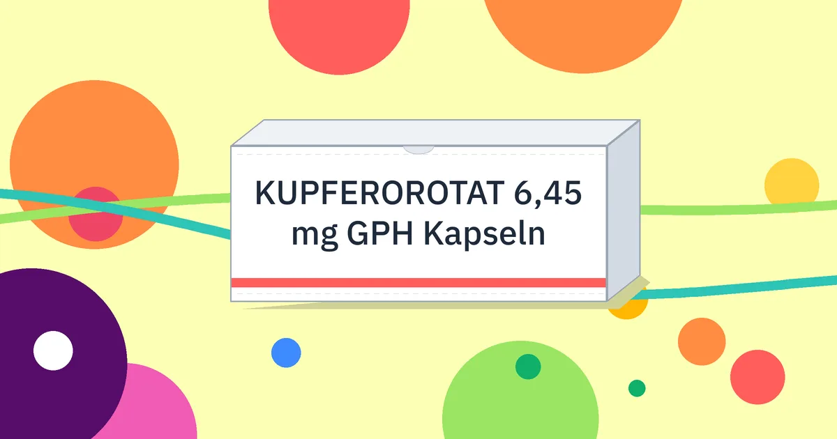 Symbolbild: Packung mit der Aufschrift KUPFEROROTAT 6,45 mg GPH Kapseln (PZN 11658033) – Verfügbarkeit und Bezug in Apotheken in Frankfurt am Main