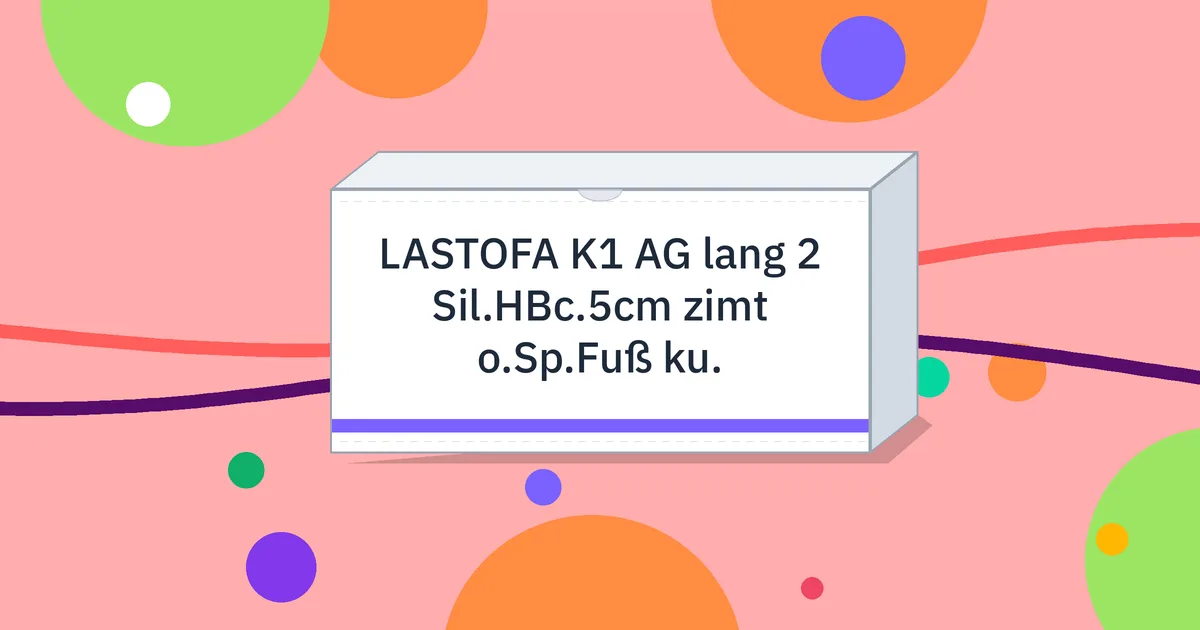 Symbolbild: Packung mit der Aufschrift LASTOFA K1 AG lang 2 Sil.HBc.5cm zimt o.Sp.Fuß ku. (PZN 13789779) – Verfügbarkeit und Bezug in Apotheken in Frankfurt am Main