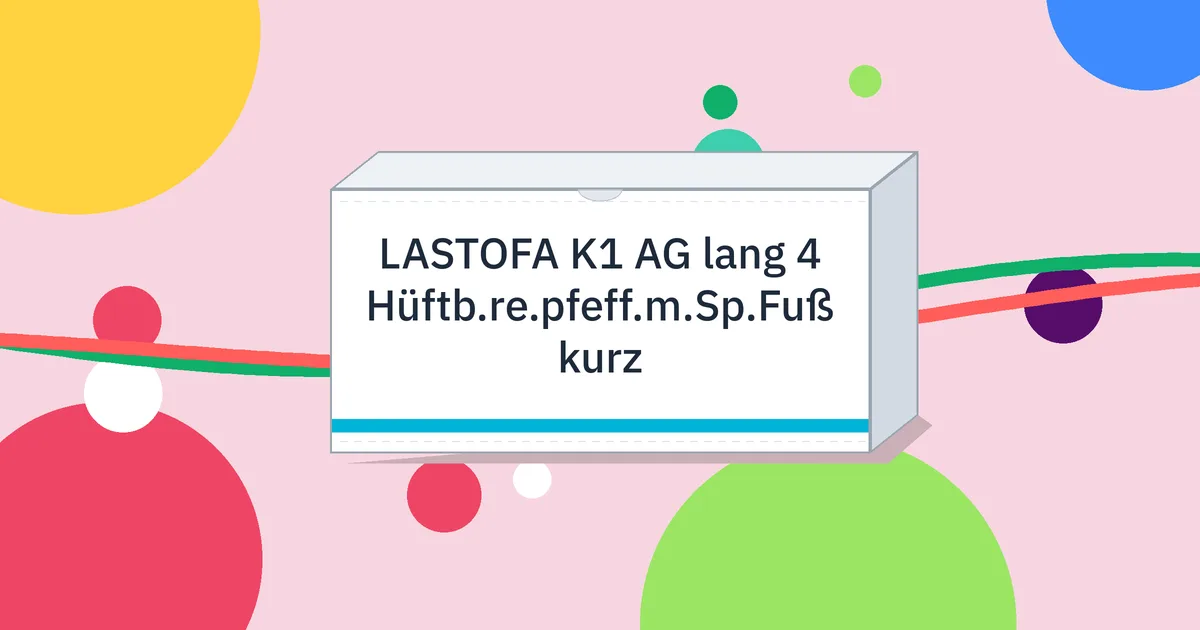 Symbolbild: Packung mit der Aufschrift LASTOFA K1 AG lang 4 Hüftb.re.pfeff.m.Sp.Fuß kurz (PZN 13798554) – Verfügbarkeit und Bezug in Apotheken in Frankfurt am Main