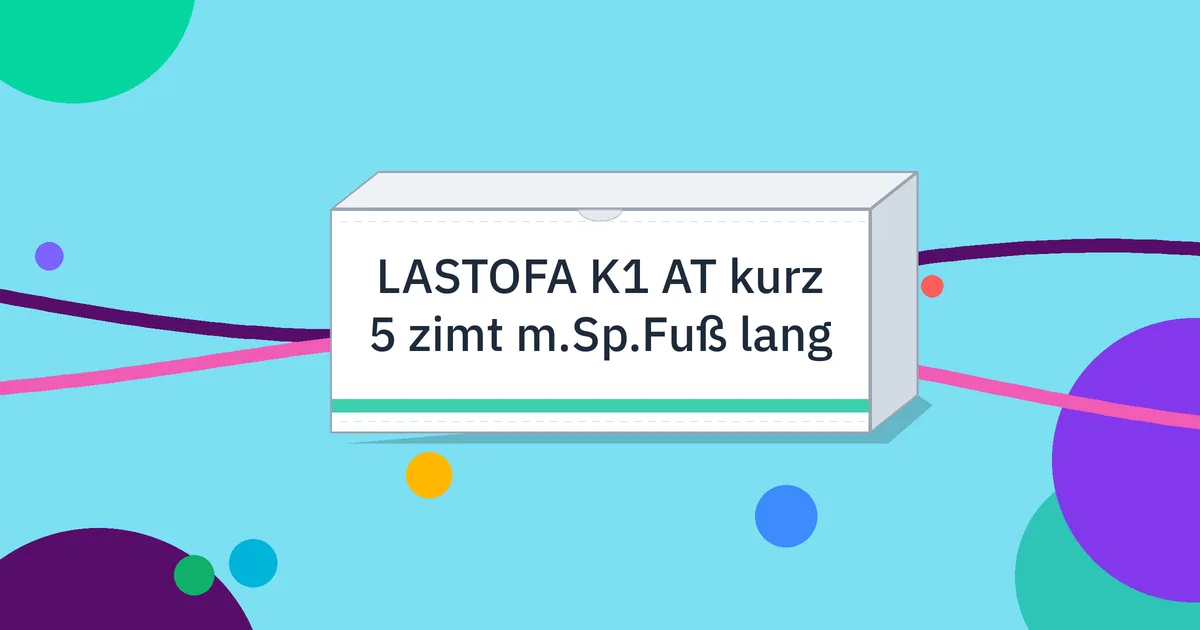 Symbolbild: Packung mit der Aufschrift LASTOFA K1 AT kurz 5 zimt m.Sp.Fuß lang (PZN 13796584) – Verfügbarkeit und Bezug in Apotheken in Frankfurt am Main