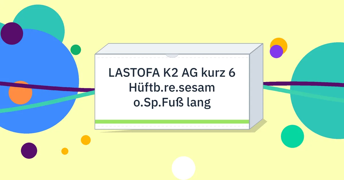 Symbolbild: Packung mit der Aufschrift LASTOFA K2 AG kurz 6 Hüftb.re.sesam o.Sp.Fuß lang (PZN 14152736) – Verfügbarkeit und Bezug in Apotheken in Frankfurt am Main