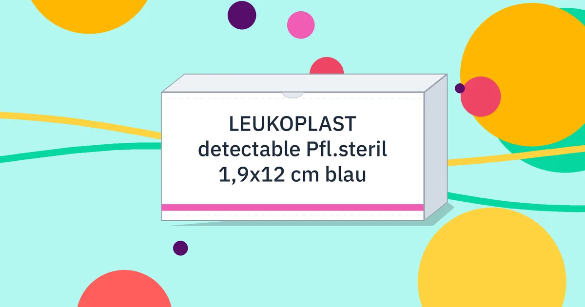 Symbolbild: Packung mit der Aufschrift LEUKOPLAST detectable Pfl.steril 1,9x12 cm blau (PZN 16160438) – Verfügbarkeit und Bezug in Apotheken in Frankfurt am Main