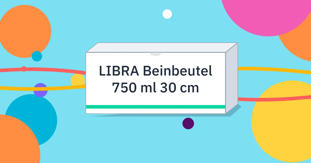 Symbolbild: Packung mit der Aufschrift LIBRA Beinbeutel 750 ml 30 cm (PZN 19855135) – Verfügbarkeit und Bezug in Apotheken in Frankfurt am Main