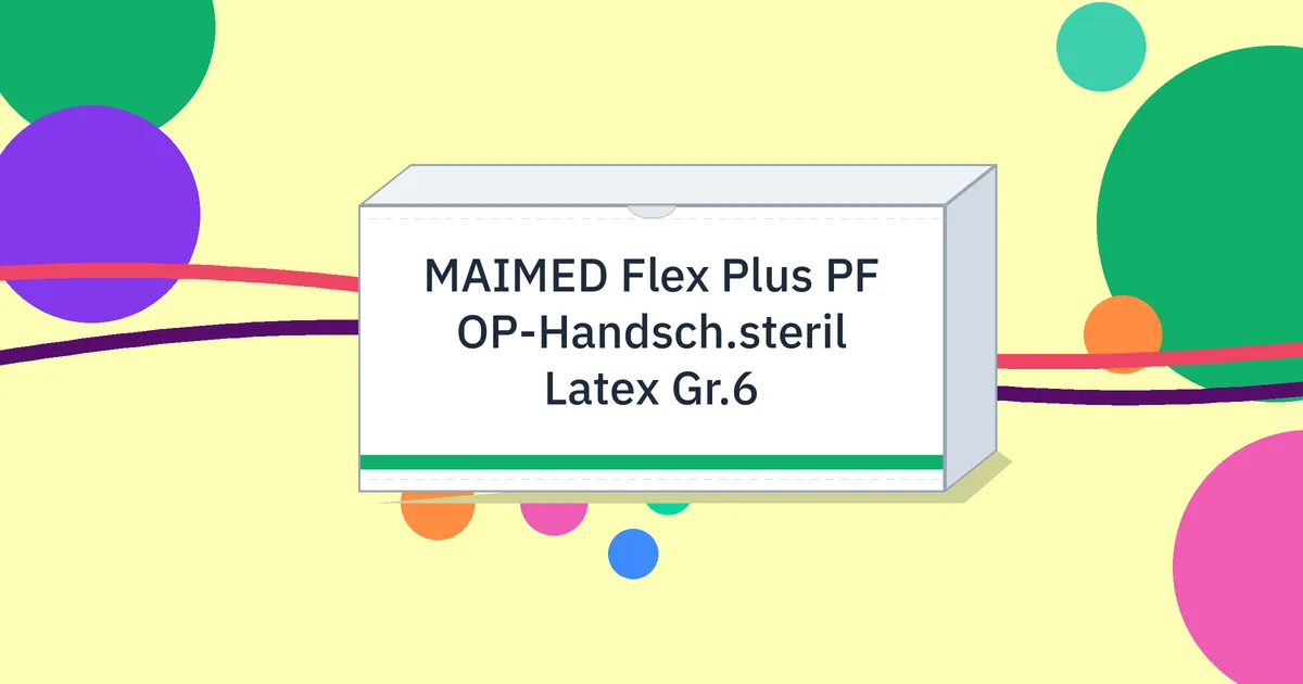 Symbolbild: Packung mit der Aufschrift MAIMED Flex Plus PF OP-Handsch.steril Latex Gr.6 (PZN 04842718) – Verfügbarkeit und Bezug in Apotheken in Frankfurt am Main