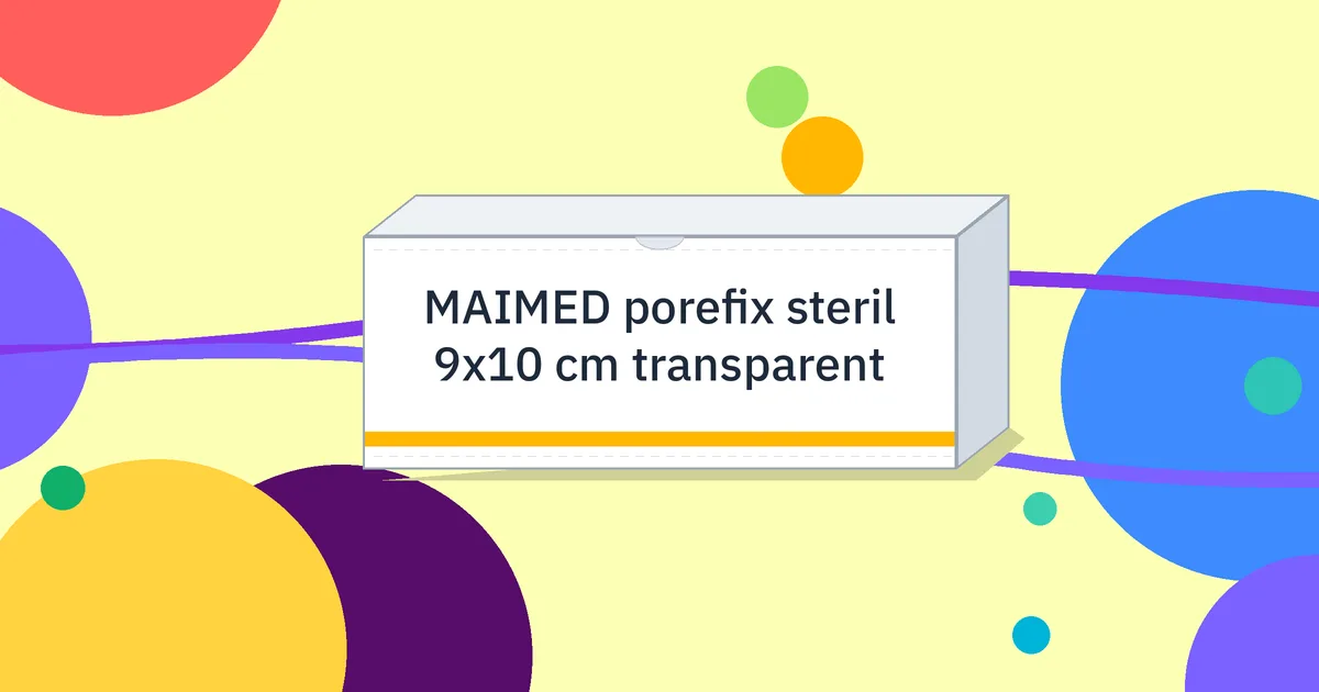 Symbolbild: Packung mit der Aufschrift MAIMED porefix steril 9x10 cm transparent (PZN 09100631) – Verfügbarkeit und Bezug in Apotheken in Frankfurt am Main