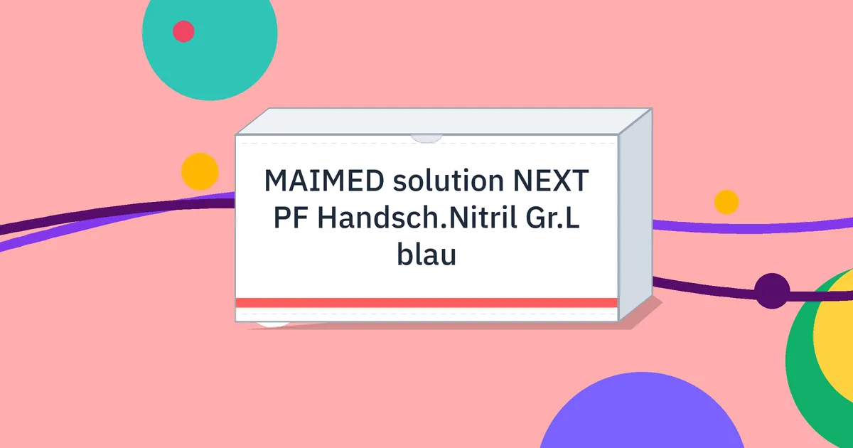 Symbolbild: Packung mit der Aufschrift MAIMED solution NEXT PF Handsch.Nitril Gr.L blau (PZN 10308199) – Verfügbarkeit und Bezug in Apotheken in Frankfurt am Main