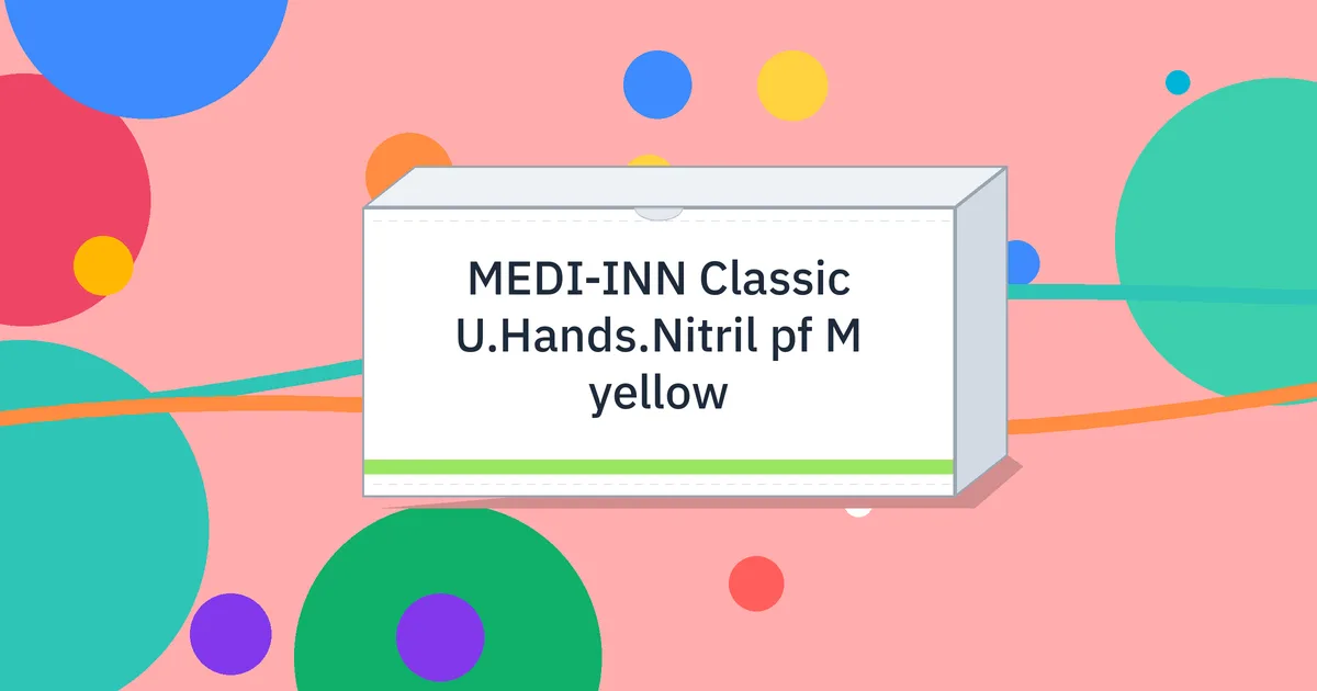 Symbolbild: Packung mit der Aufschrift MEDI-INN Classic U.Hands.Nitril pf M yellow (PZN 18445493) – Verfügbarkeit und Bezug in Apotheken in Frankfurt am Main