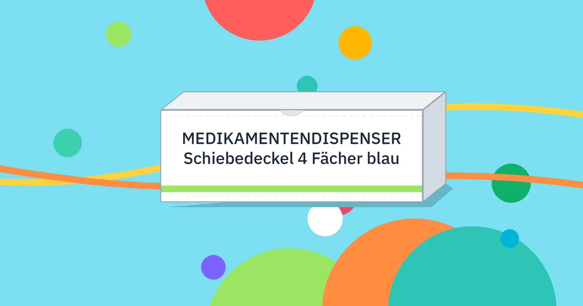 Symbolbild: Packung mit der Aufschrift MEDIKAMENTENDISPENSER Schiebedeckel 4 Fächer blau (PZN 18386916) – Verfügbarkeit und Bezug in Apotheken in Frankfurt am Main