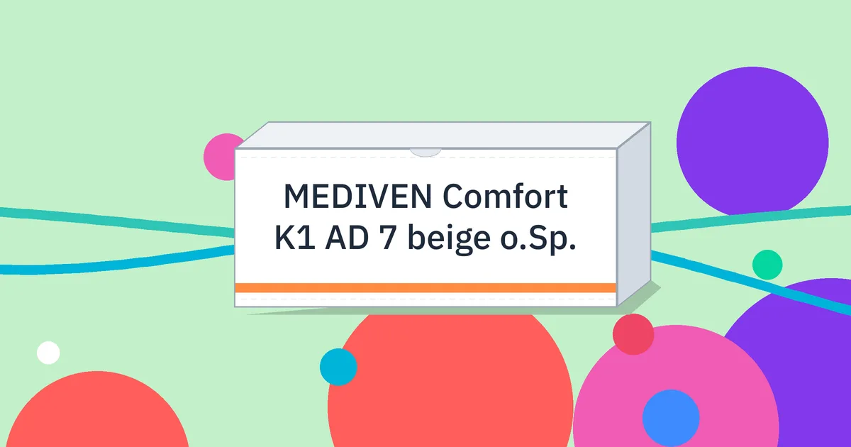 Symbolbild: Packung mit der Aufschrift MEDIVEN Comfort K1 AD 7 beige o.Sp. (PZN 14559403) – Verfügbarkeit und Bezug in Apotheken in Frankfurt am Main