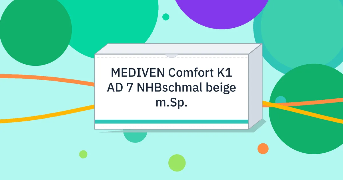 Symbolbild: Packung mit der Aufschrift MEDIVEN Comfort K1 AD 7 NHBschmal beige m.Sp. (PZN 14562049) – Verfügbarkeit und Bezug in Apotheken in Frankfurt am Main
