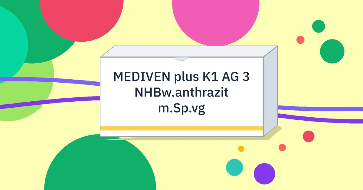 Symbolbild: Packung mit der Aufschrift MEDIVEN plus K1 AG 3 NHBw.anthrazit m.Sp.vg (PZN 15922975) – Verfügbarkeit und Bezug in Apotheken in Frankfurt am Main