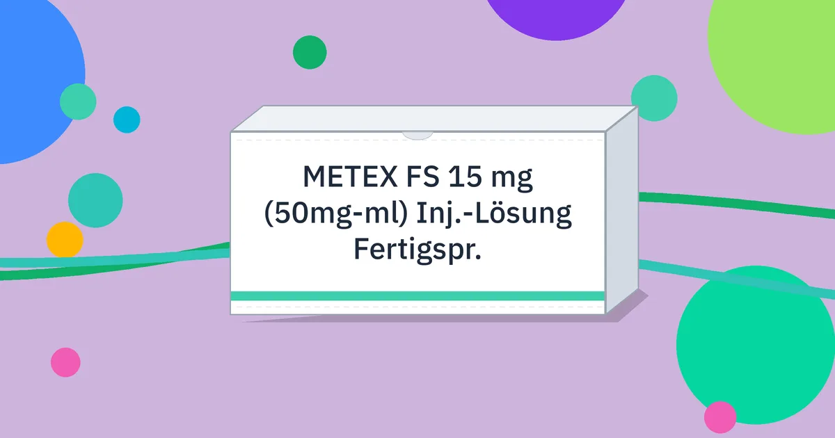 Symbolbild: Packung mit der Aufschrift METEX FS 15 mg (50mg-ml) Inj.-Lösung Fertigspr. (PZN 01178102) – Verfügbarkeit und Bezug in Apotheken in Frankfurt am Main