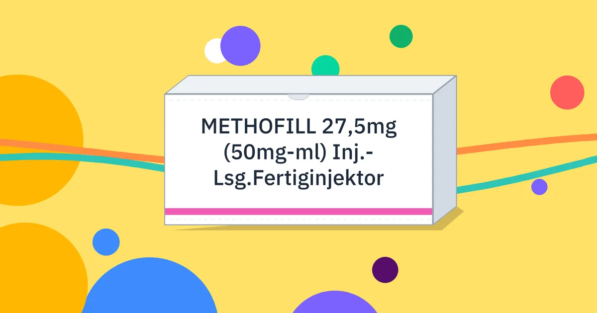 Symbolbild: Packung mit der Aufschrift METHOFILL 27,5mg (50mg-ml) Inj.-Lsg.Fertiginjektor (PZN 18661067) – Verfügbarkeit und Bezug in Apotheken in Frankfurt am Main