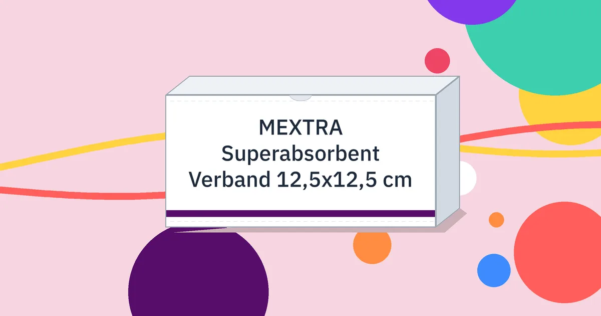 Symbolbild: Packung mit der Aufschrift MEXTRA Superabsorbent Verband 12,5x12,5 cm (PZN 19702609) – Verfügbarkeit und Bezug in Apotheken in Frankfurt am Main