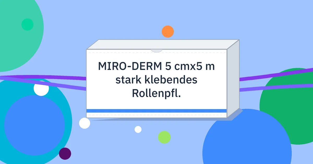 Symbolbild: Packung mit der Aufschrift MIRO-DERM 5 cmx5 m stark klebendes Rollenpfl. (PZN 17962708) – Verfügbarkeit und Bezug in Apotheken in Frankfurt am Main