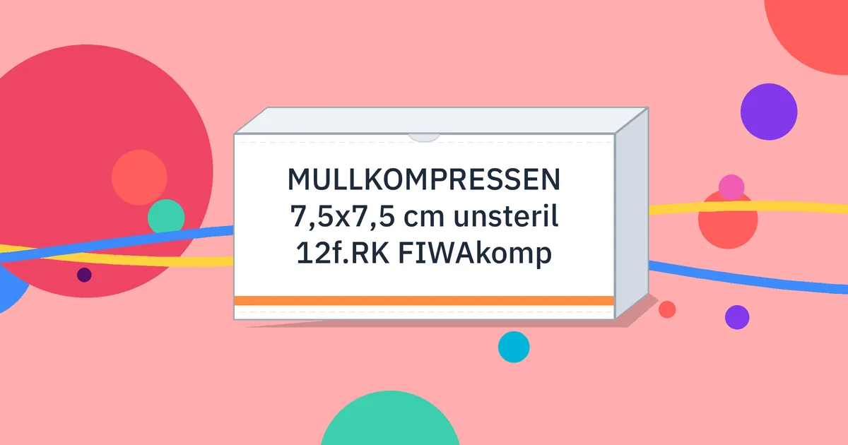 Symbolbild: Packung mit der Aufschrift MULLKOMPRESSEN 7,5x7,5 cm unsteril 12f.RK FIWAkomp (PZN 11860668) – Verfügbarkeit und Bezug in Apotheken in Frankfurt am Main