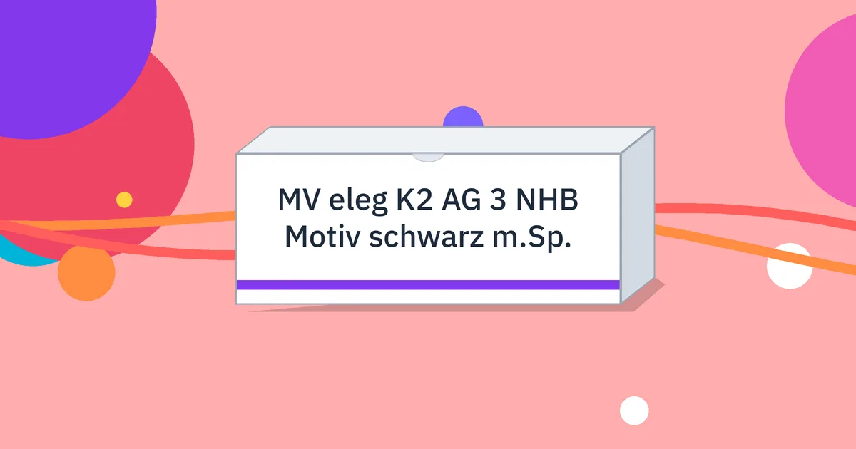 Symbolbild: Packung mit der Aufschrift MV eleg K2 AG 3 NHB Motiv schwarz m.Sp. (PZN 15723201) – Verfügbarkeit und Bezug in Apotheken in Frankfurt am Main