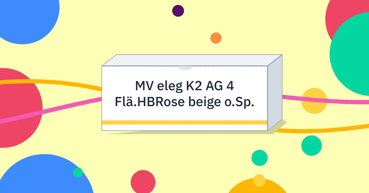 Symbolbild: Packung mit der Aufschrift MV eleg K2 AG 4 Flä.HBRose beige o.Sp. (PZN 15718565) – Verfügbarkeit und Bezug in Apotheken in Frankfurt am Main