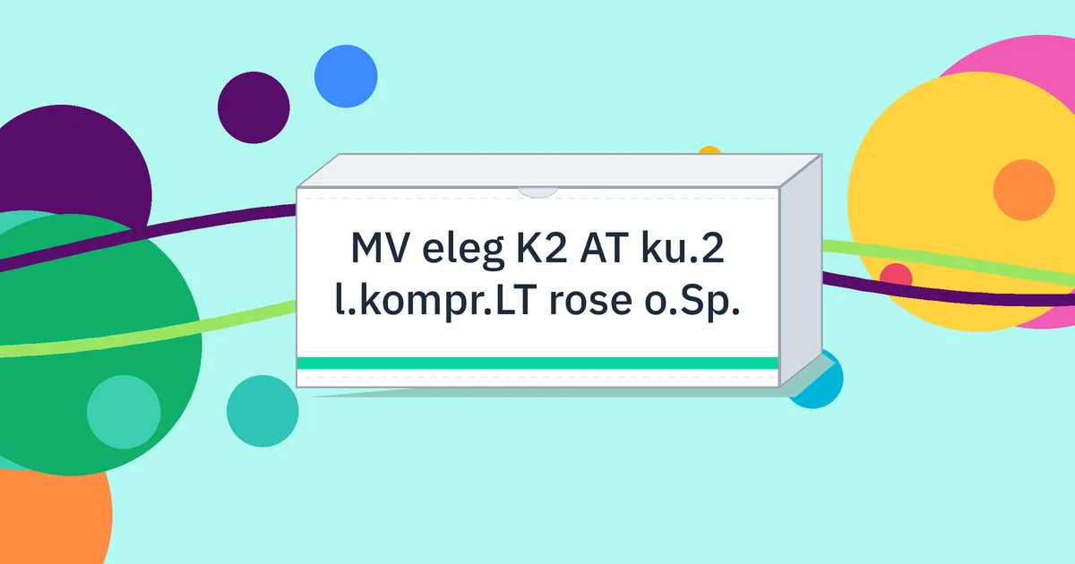 Symbolbild: Packung mit der Aufschrift MV eleg K2 AT ku.2 l.kompr.LT rose o.Sp. (PZN 14691456) – Verfügbarkeit und Bezug in Apotheken in Frankfurt am Main