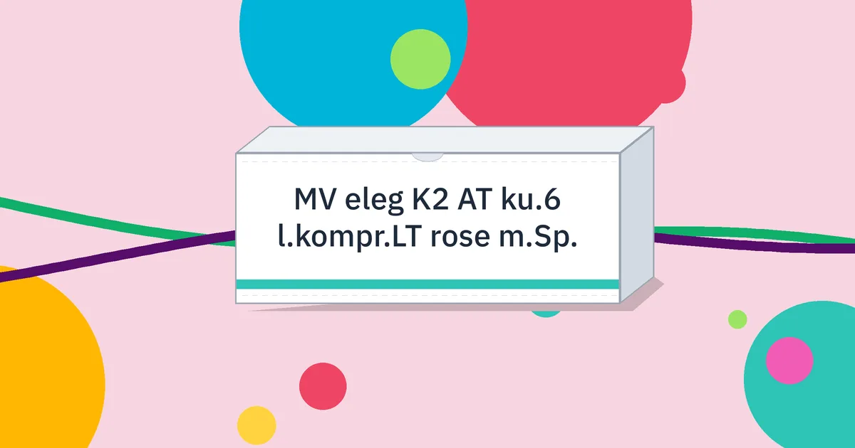 Symbolbild: Packung mit der Aufschrift MV eleg K2 AT ku.6 l.kompr.LT rose m.Sp. (PZN 14691605) – Verfügbarkeit und Bezug in Apotheken in Frankfurt am Main
