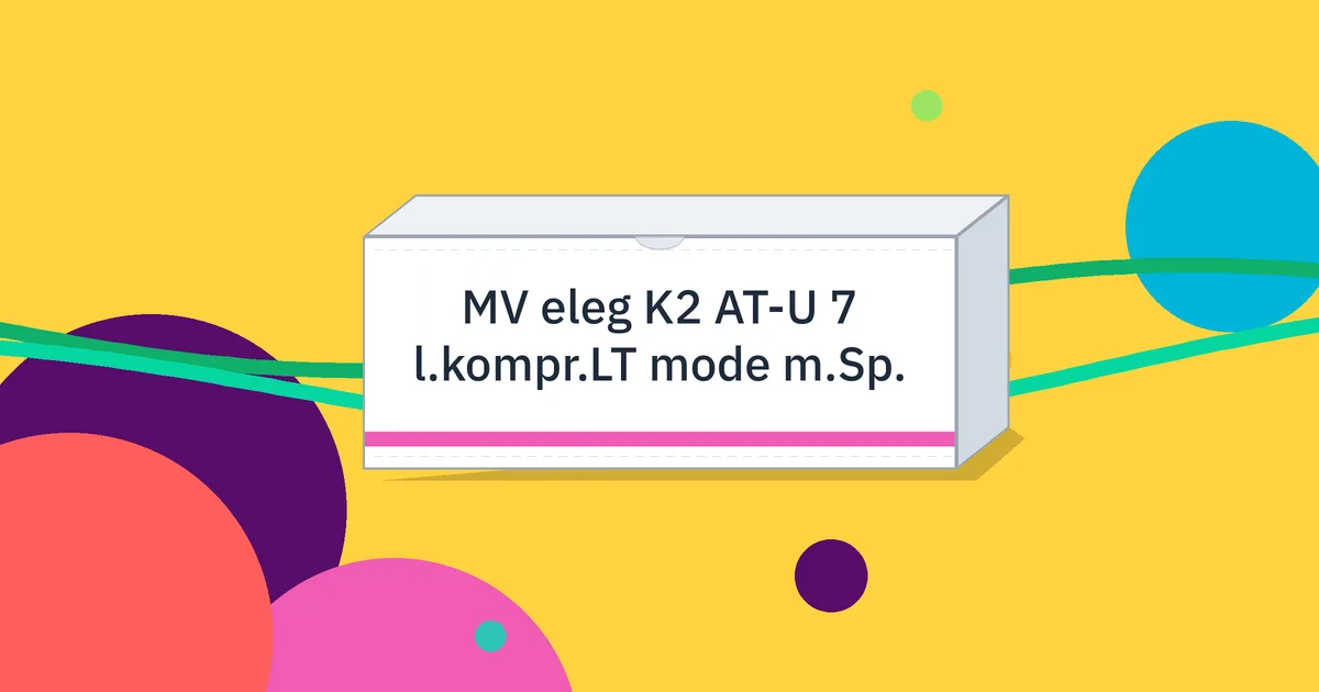 Symbolbild: Packung mit der Aufschrift MV eleg K2 AT-U 7 l.kompr.LT mode m.Sp. (PZN 06191260) – Verfügbarkeit und Bezug in Apotheken in Frankfurt am Main