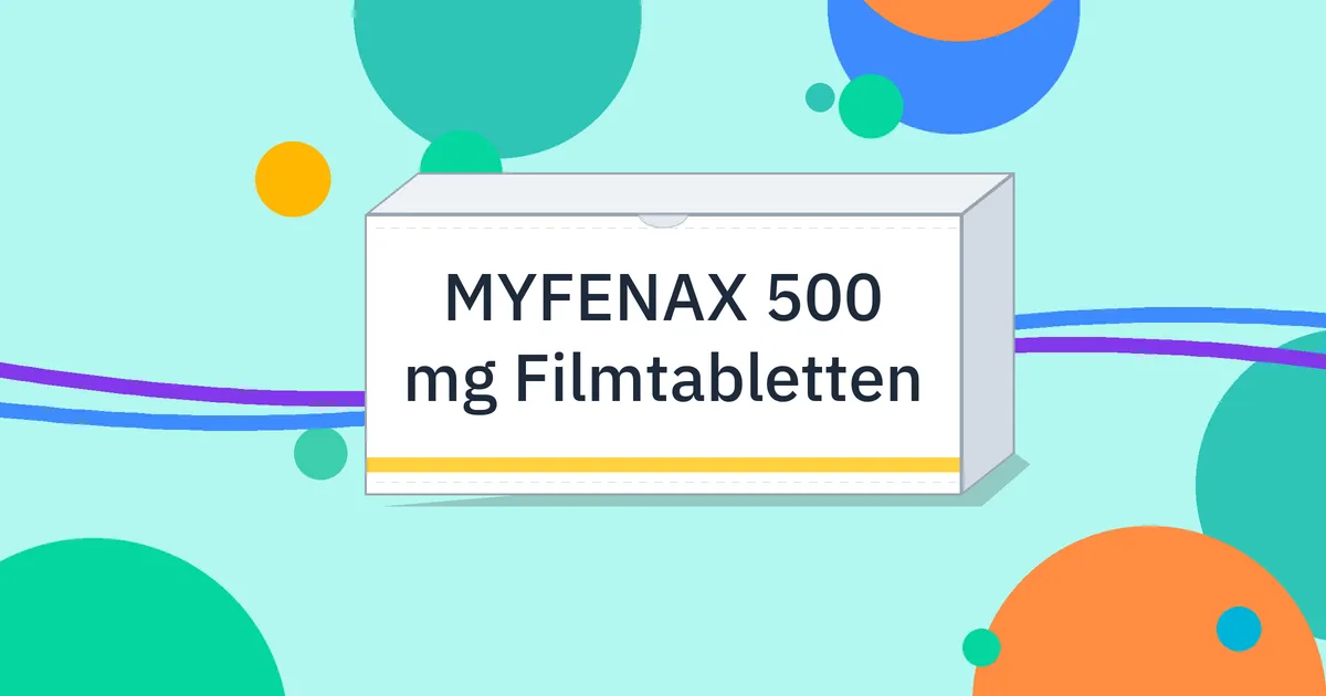 Symbolbild: Packung mit der Aufschrift MYFENAX 500 mg Filmtabletten (PZN 16530674) – Verfügbarkeit und Bezug in Apotheken in Frankfurt am Main