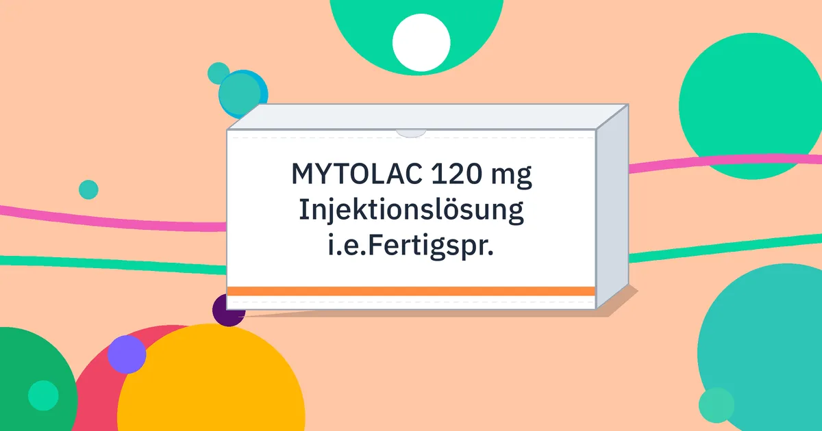 Symbolbild: Packung mit der Aufschrift MYTOLAC 120 mg Injektionslösung i.e.Fertigspr. (PZN 17209112) – Verfügbarkeit und Bezug in Apotheken in Frankfurt am Main