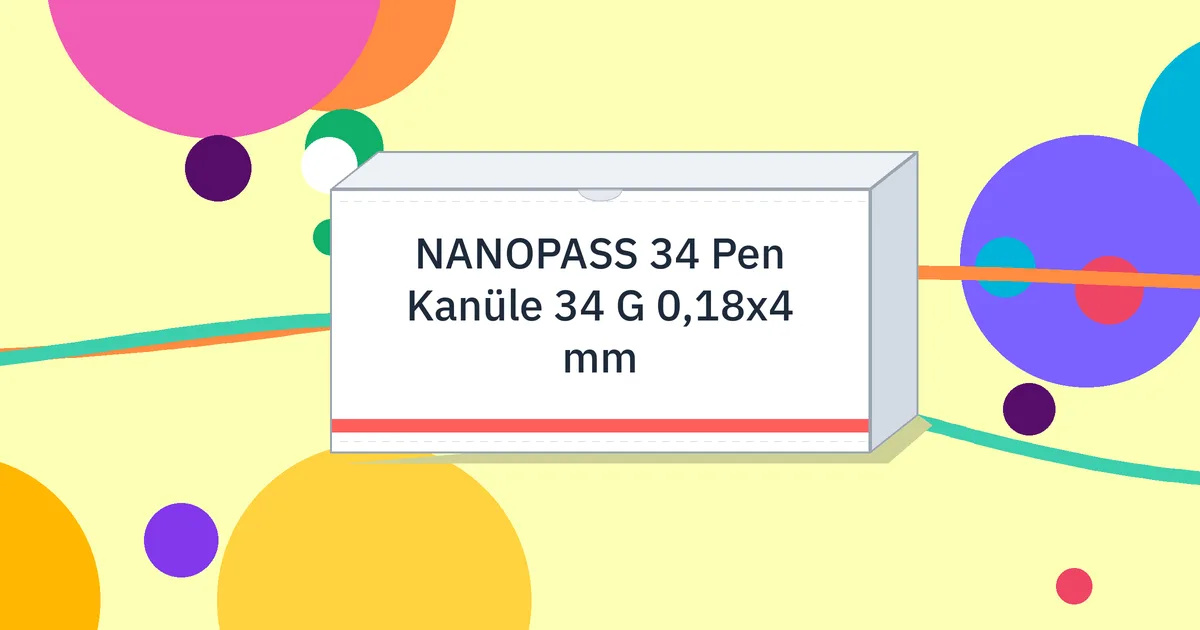 Symbolbild: Packung mit der Aufschrift NANOPASS 34 Pen Kanüle 34 G 0,18x4 mm (PZN 20611042) – Verfügbarkeit und Bezug in Apotheken in Frankfurt am Main