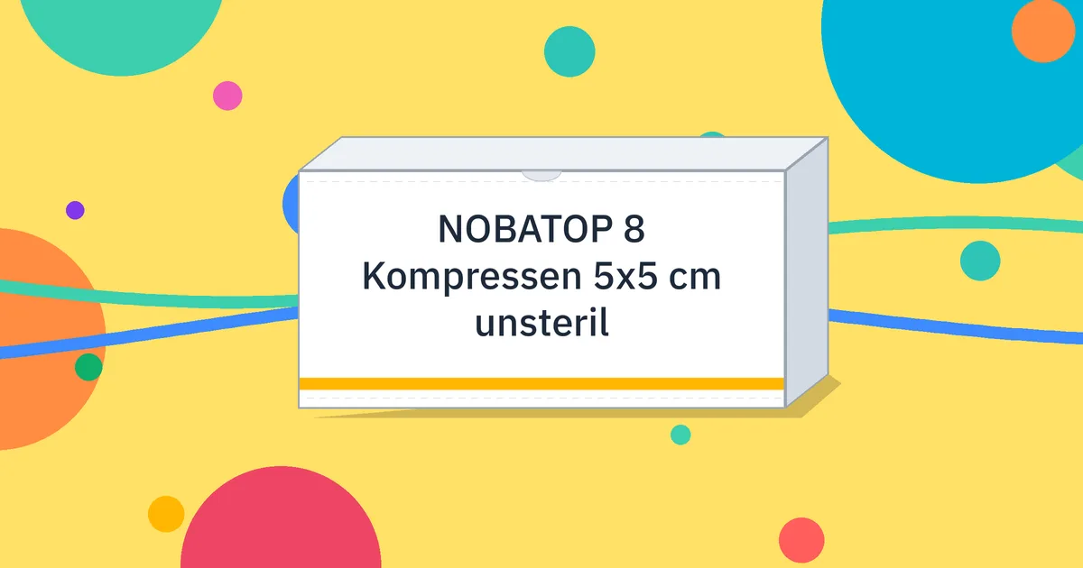 Symbolbild: Packung mit der Aufschrift NOBATOP 8 Kompressen 5x5 cm unsteril (PZN 07099160) – Verfügbarkeit und Bezug in Apotheken in Frankfurt am Main