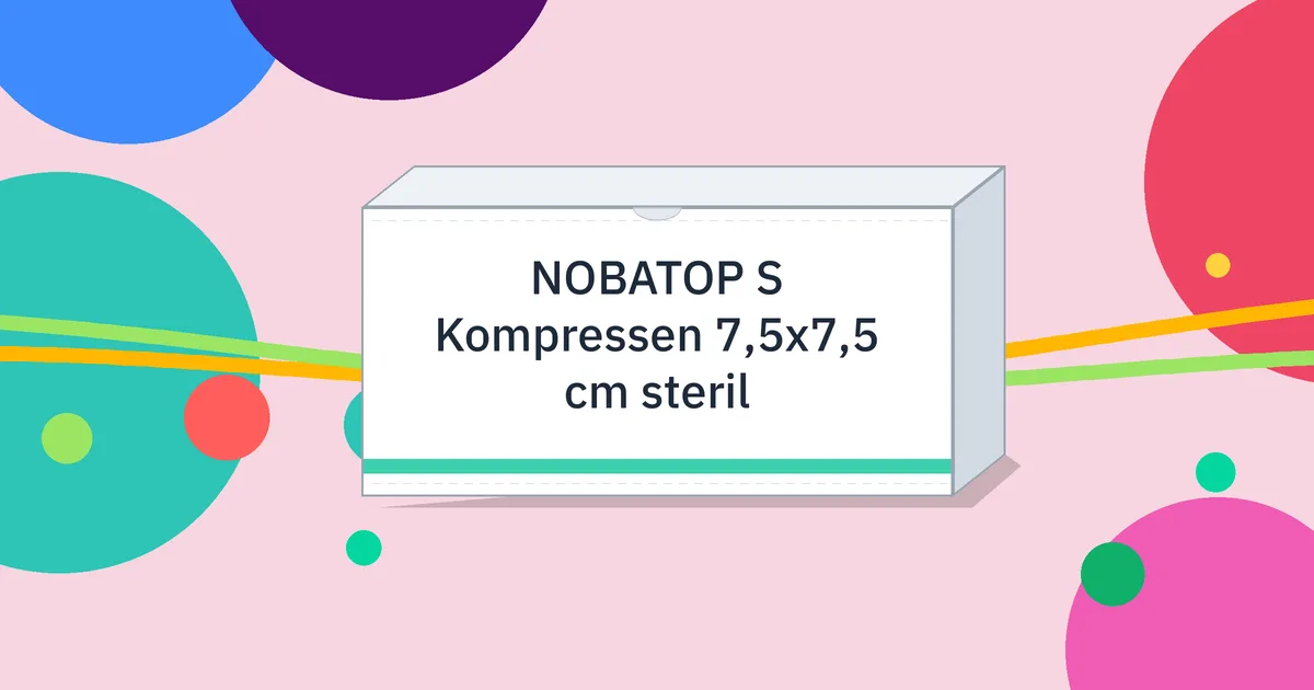 Symbolbild: Packung mit der Aufschrift NOBATOP S Kompressen 7,5x7,5 cm steril (PZN 07386244) – Verfügbarkeit und Bezug in Apotheken in Frankfurt am Main