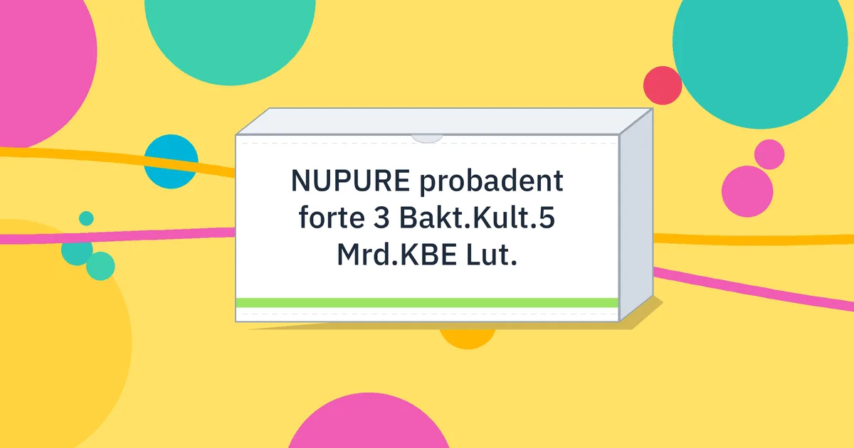 Symbolbild: Packung mit der Aufschrift NUPURE probadent forte 3 Bakt.Kult.5 Mrd.KBE Lut. (PZN 19453916) – Verfügbarkeit und Bezug in Apotheken in Frankfurt am Main