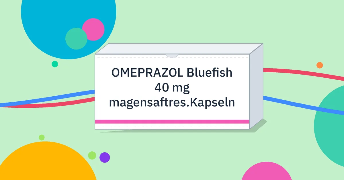 Symbolbild: Packung mit der Aufschrift OMEPRAZOL Bluefish 40 mg magensaftres.Kapseln (PZN 06880982) – Verfügbarkeit und Bezug in Apotheken in Frankfurt am Main