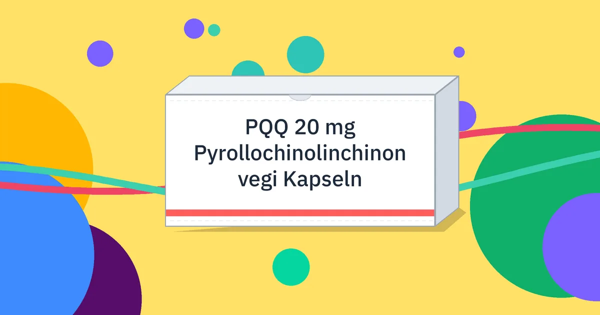 Symbolbild: Packung mit der Aufschrift PQQ 20 mg Pyrollochinolinchinon vegi Kapseln (PZN 16229012) – Verfügbarkeit und Bezug in Apotheken in Frankfurt am Main