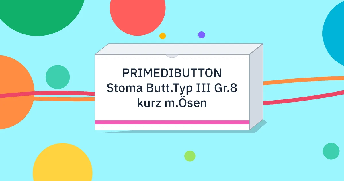 Symbolbild: Packung mit der Aufschrift PRIMEDIBUTTON Stoma Butt.Typ III Gr.8 kurz m.Ösen (PZN 10791528) – Verfügbarkeit und Bezug in Apotheken in Frankfurt am Main