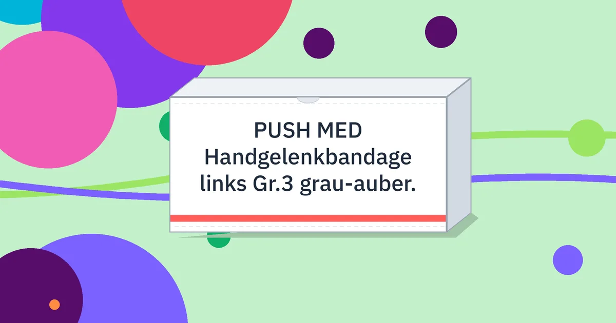 Symbolbild: Packung mit der Aufschrift PUSH MED Handgelenkbandage links Gr.3 grau-auber. (PZN 04860892) – Verfügbarkeit und Bezug in Apotheken in Frankfurt am Main