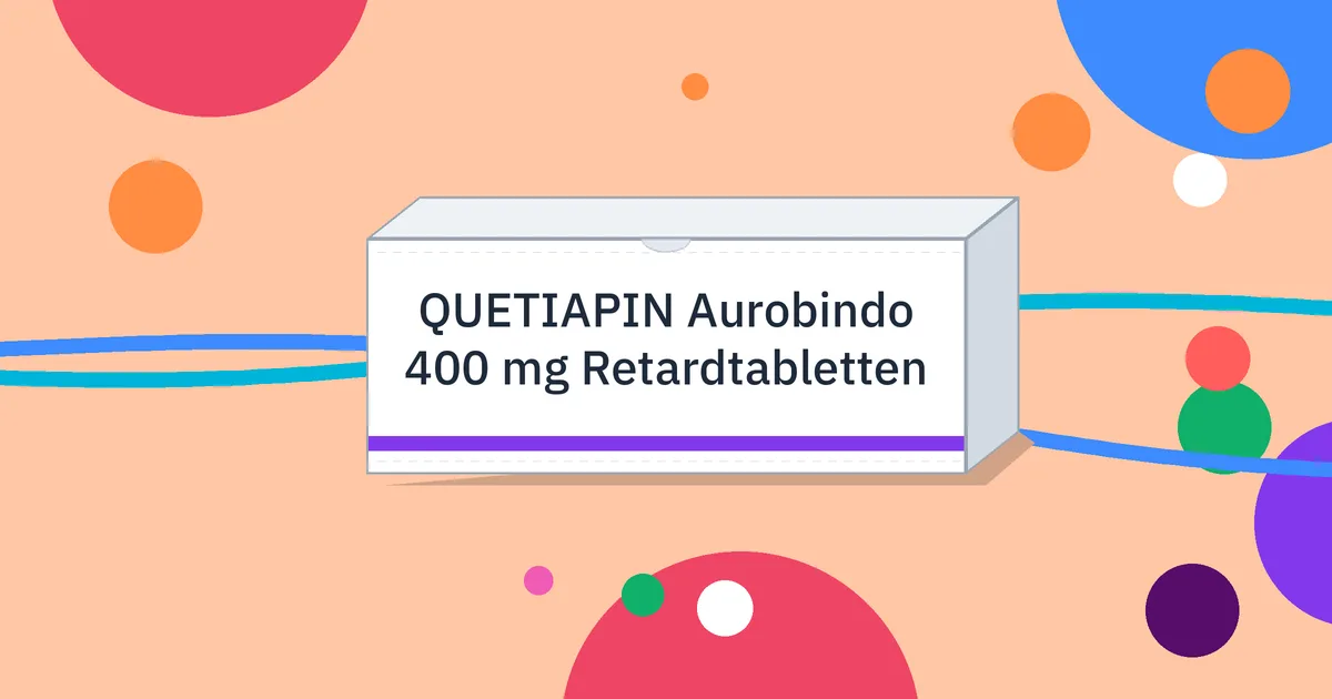 Symbolbild: Packung mit der Aufschrift QUETIAPIN Aurobindo 400 mg Retardtabletten (PZN 18428916) – Verfügbarkeit und Bezug in Apotheken in Frankfurt am Main