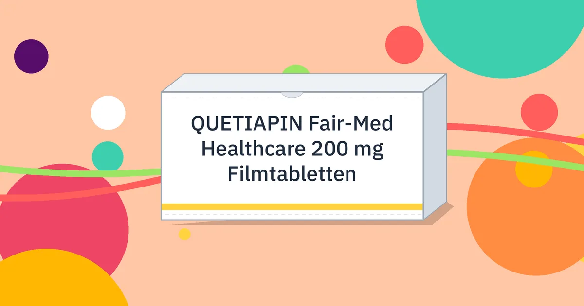 Symbolbild: Packung mit der Aufschrift QUETIAPIN Fair-Med Healthcare 200 mg Filmtabletten (PZN 14167896) – Verfügbarkeit und Bezug in Apotheken in Frankfurt am Main