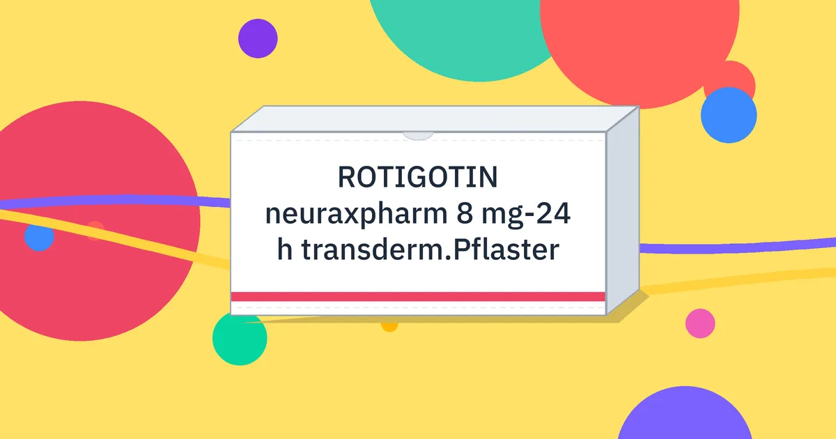 Symbolbild: Packung mit der Aufschrift ROTIGOTIN neuraxpharm 8 mg-24 h transderm.Pflaster (PZN 04178893) – Verfügbarkeit und Bezug in Apotheken in Frankfurt am Main