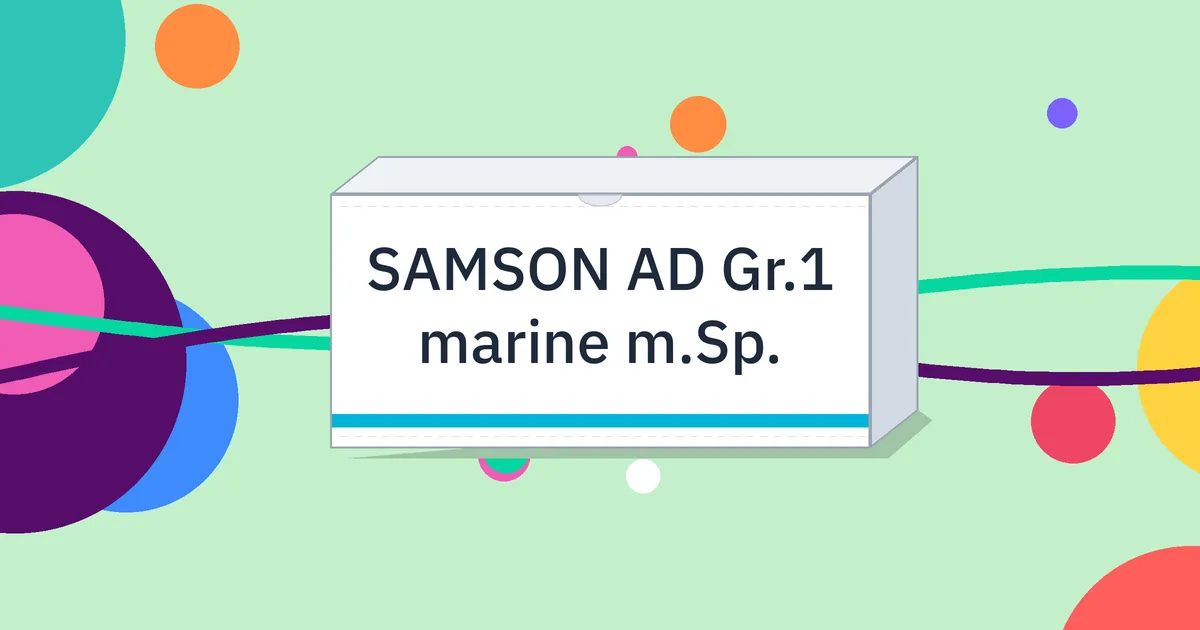 Symbolbild: Packung mit der Aufschrift SAMSON AD Gr.1 marine m.Sp. (PZN 14248583) – Verfügbarkeit und Bezug in Apotheken in Frankfurt am Main