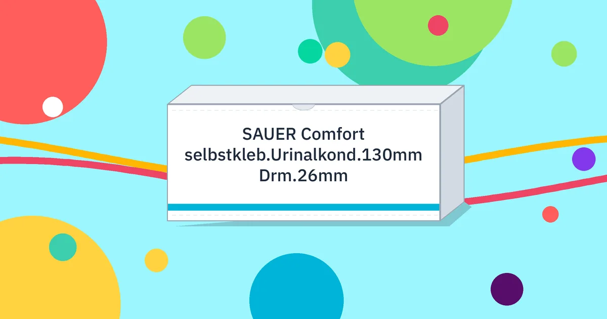 Symbolbild: Packung mit der Aufschrift SAUER Comfort selbstkleb.Urinalkond.130mm Drm.26mm (PZN 00464219) – Verfügbarkeit und Bezug in Apotheken in Frankfurt am Main