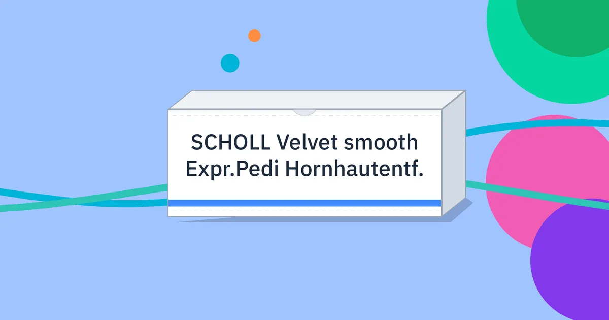 Symbolbild: Packung mit der Aufschrift SCHOLL Velvet smooth Expr.Pedi Hornhautentf. (PZN 10186520) – Verfügbarkeit und Bezug in Apotheken in Frankfurt am Main