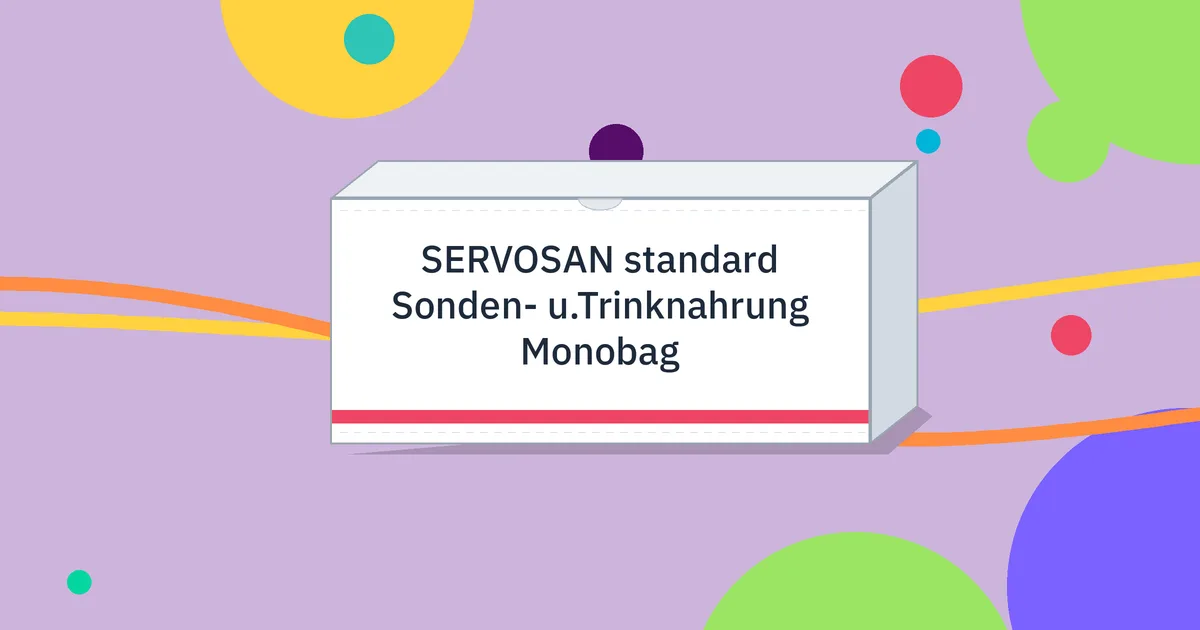 Symbolbild: Packung mit der Aufschrift SERVOSAN standard Sonden- u.Trinknahrung Monobag (PZN 03898734) – Verfügbarkeit und Bezug in Apotheken in Frankfurt am Main