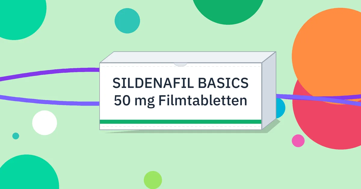 Symbolbild: Packung mit der Aufschrift SILDENAFIL BASICS 50 mg Filmtabletten (PZN 12145985) – Verfügbarkeit und Bezug in Apotheken in Frankfurt am Main