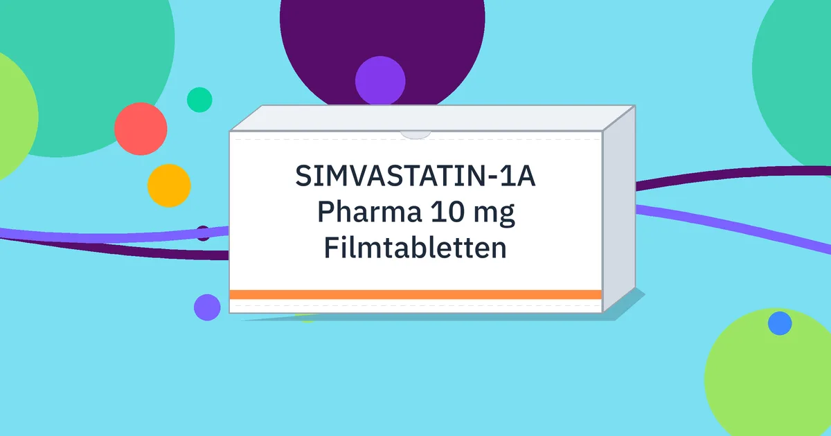 Symbolbild: Packung mit der Aufschrift SIMVASTATIN-1A Pharma 10 mg Filmtabletten (PZN 01970002) – Verfügbarkeit und Bezug in Apotheken in Frankfurt am Main